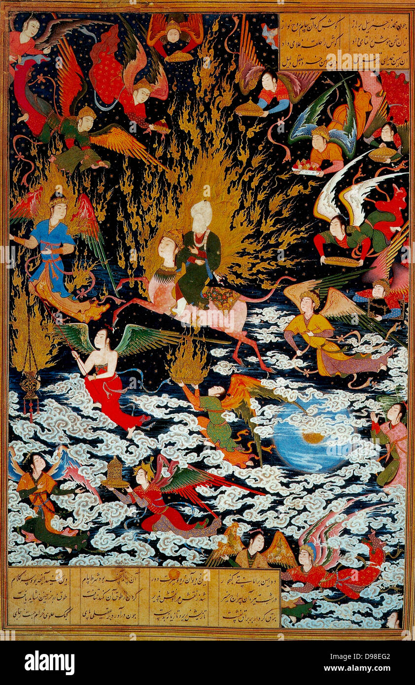 Persian miniature 1550 AD depicting the Prophet Muhammad ascending on the Burak into Heaven, a ...