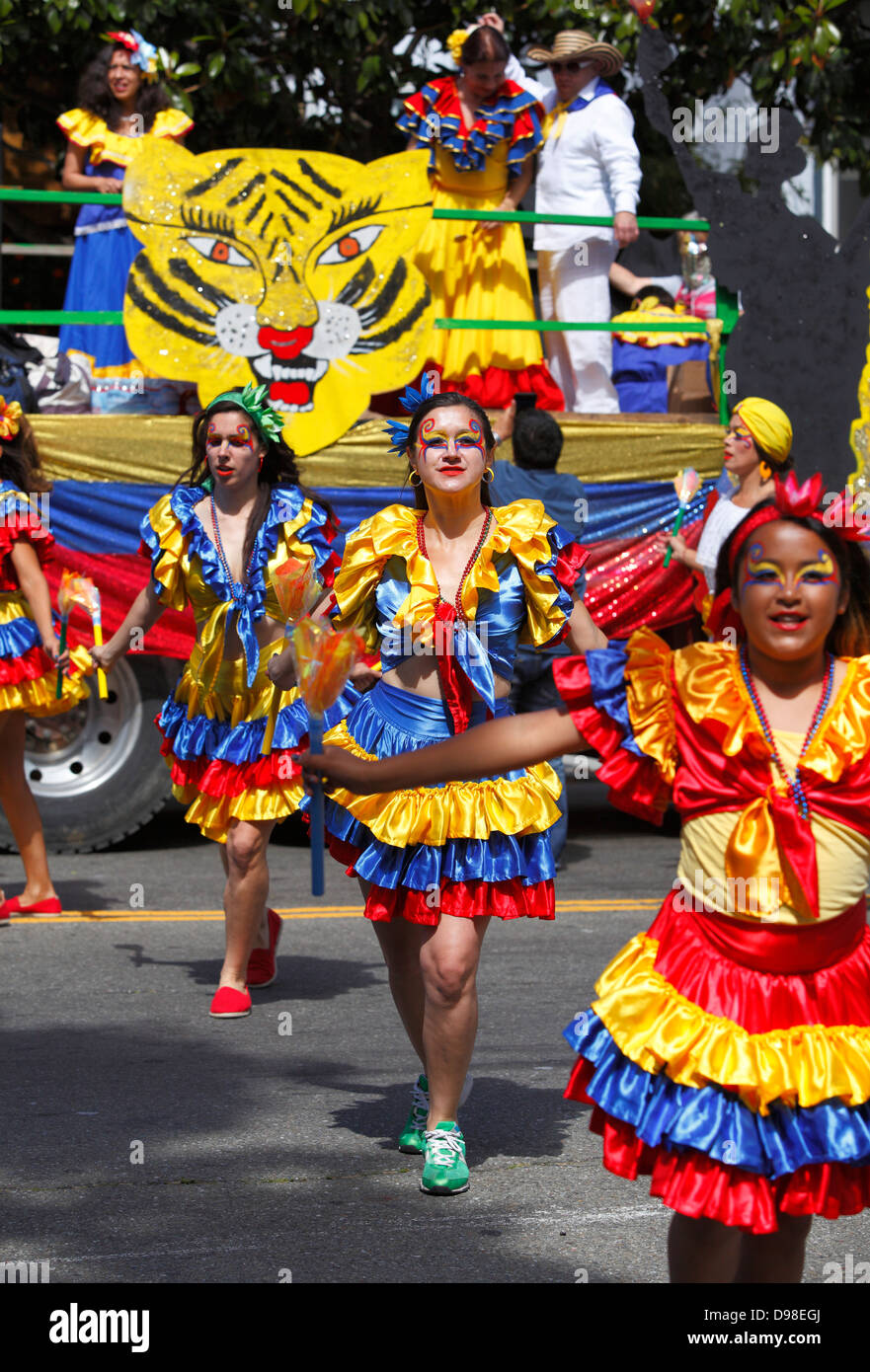 Colombian dancers and float at Carnaval parade in Mission District, San ...