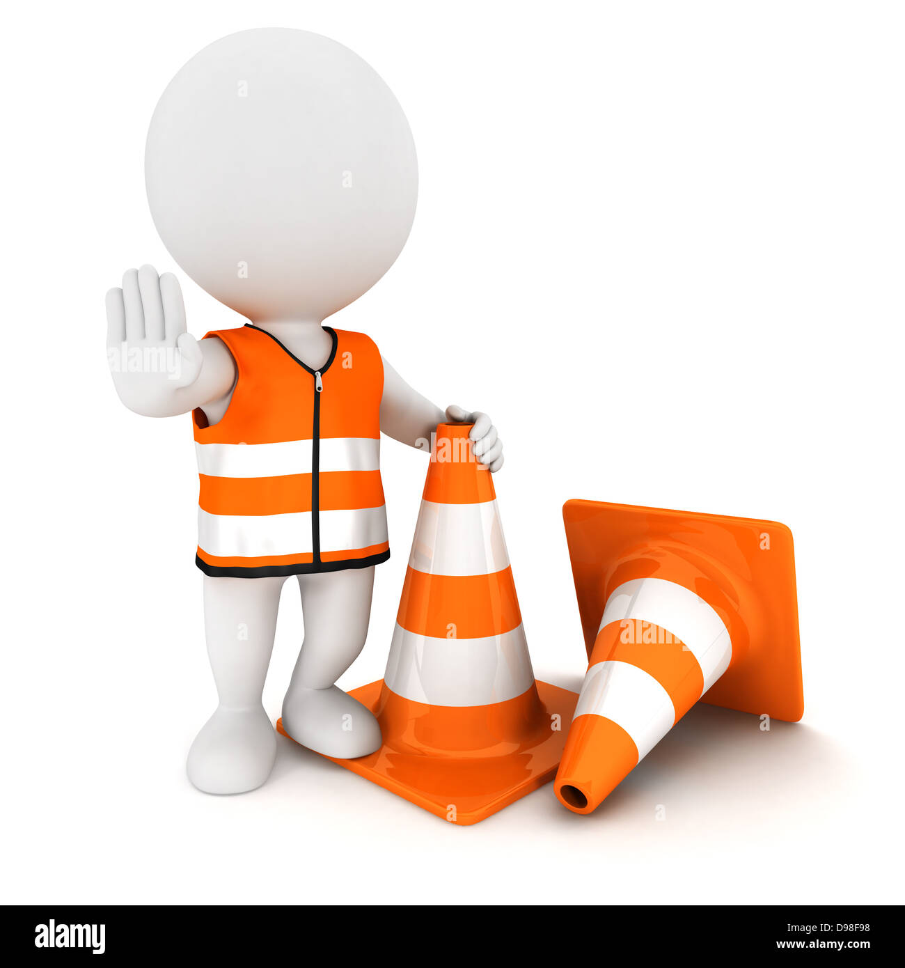 3d white people stop sign with traffic cones and wearing a safety vest ...