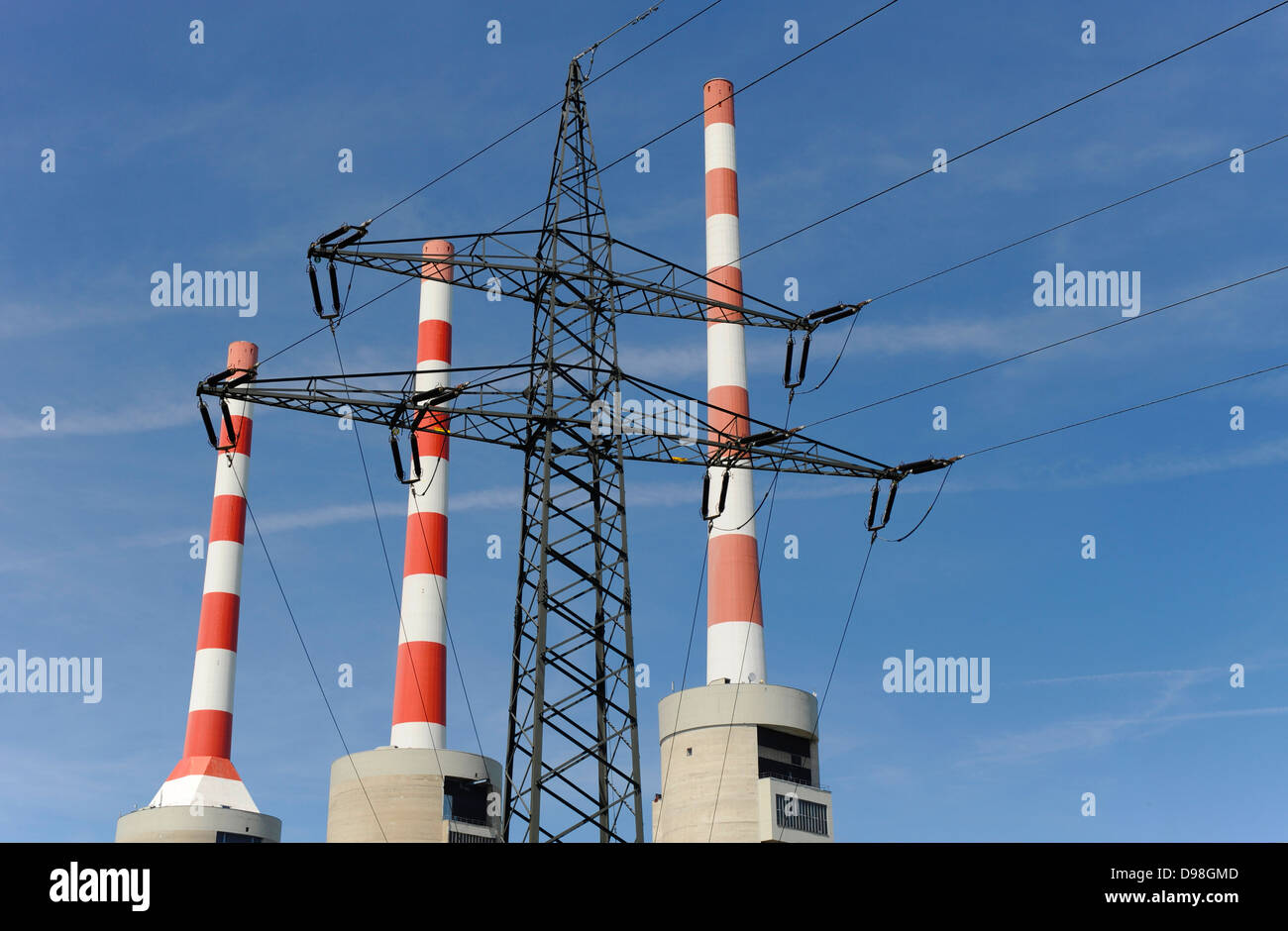 chimney of electric power station and pole Stock Photo - Alamy