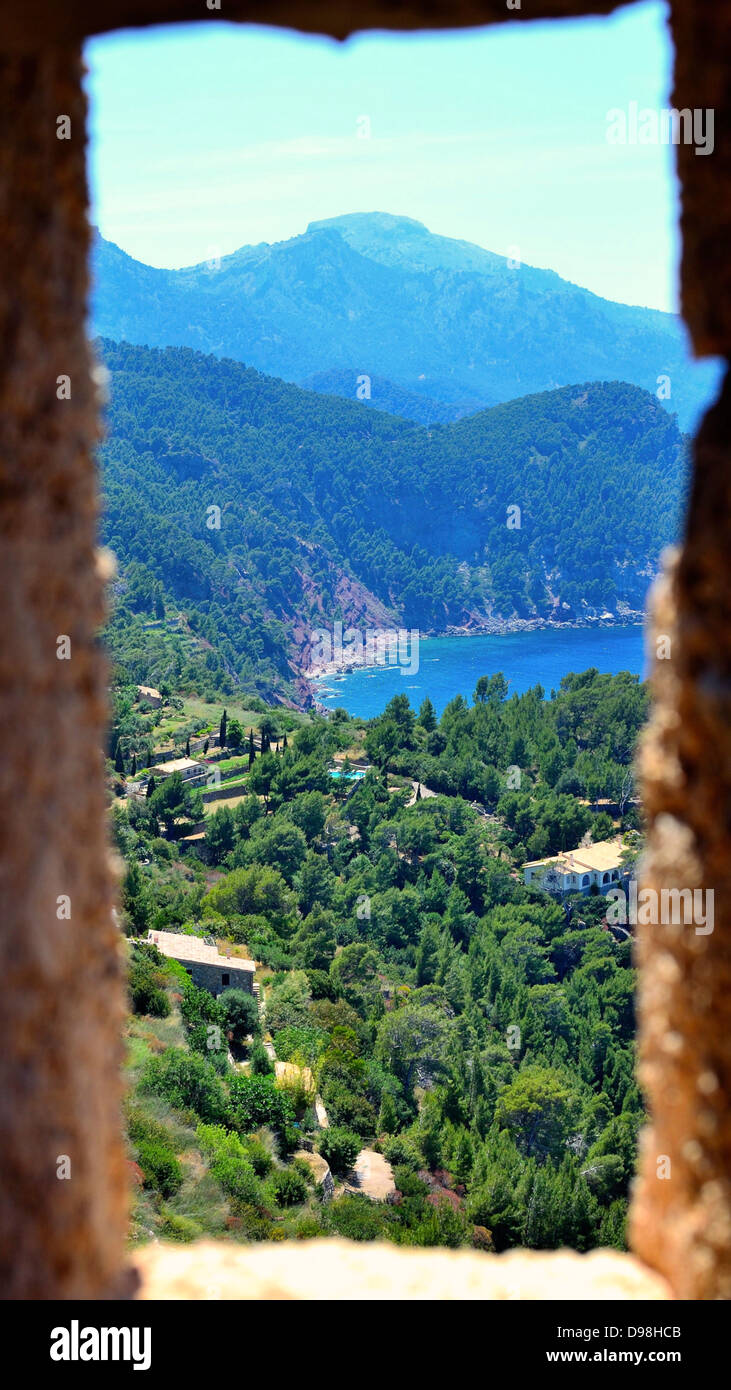 Spain, View of mountain through window Stock Photo - Alamy