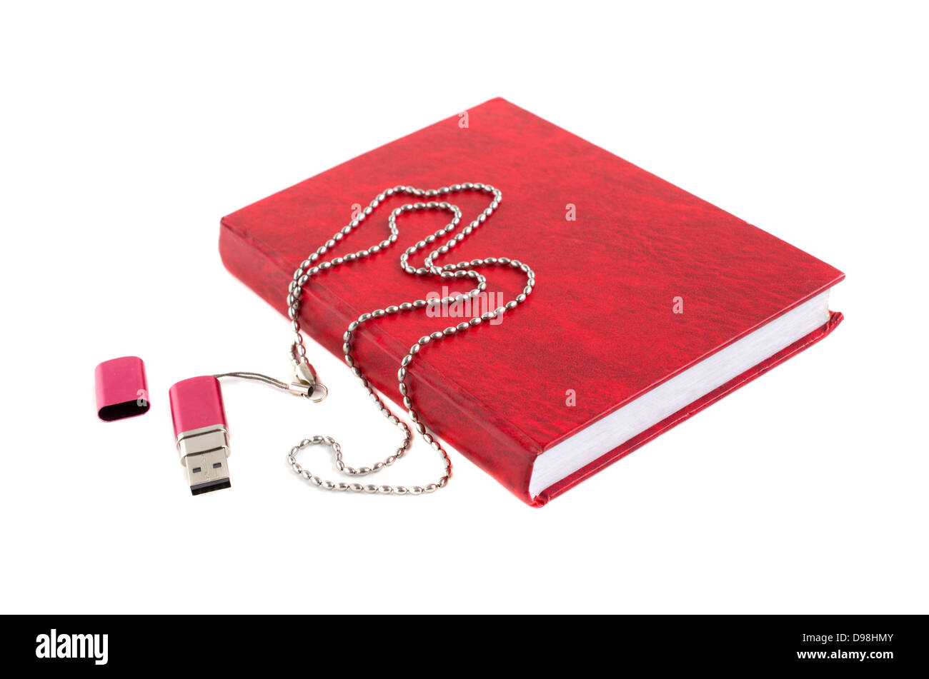red organizer and USB flash drive on a long chain on a white background ...