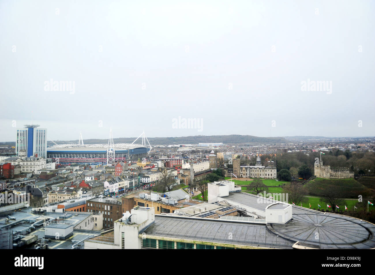 A cityscape of Cardiff, UK. Stadium House (BT Tower), Millennium ...