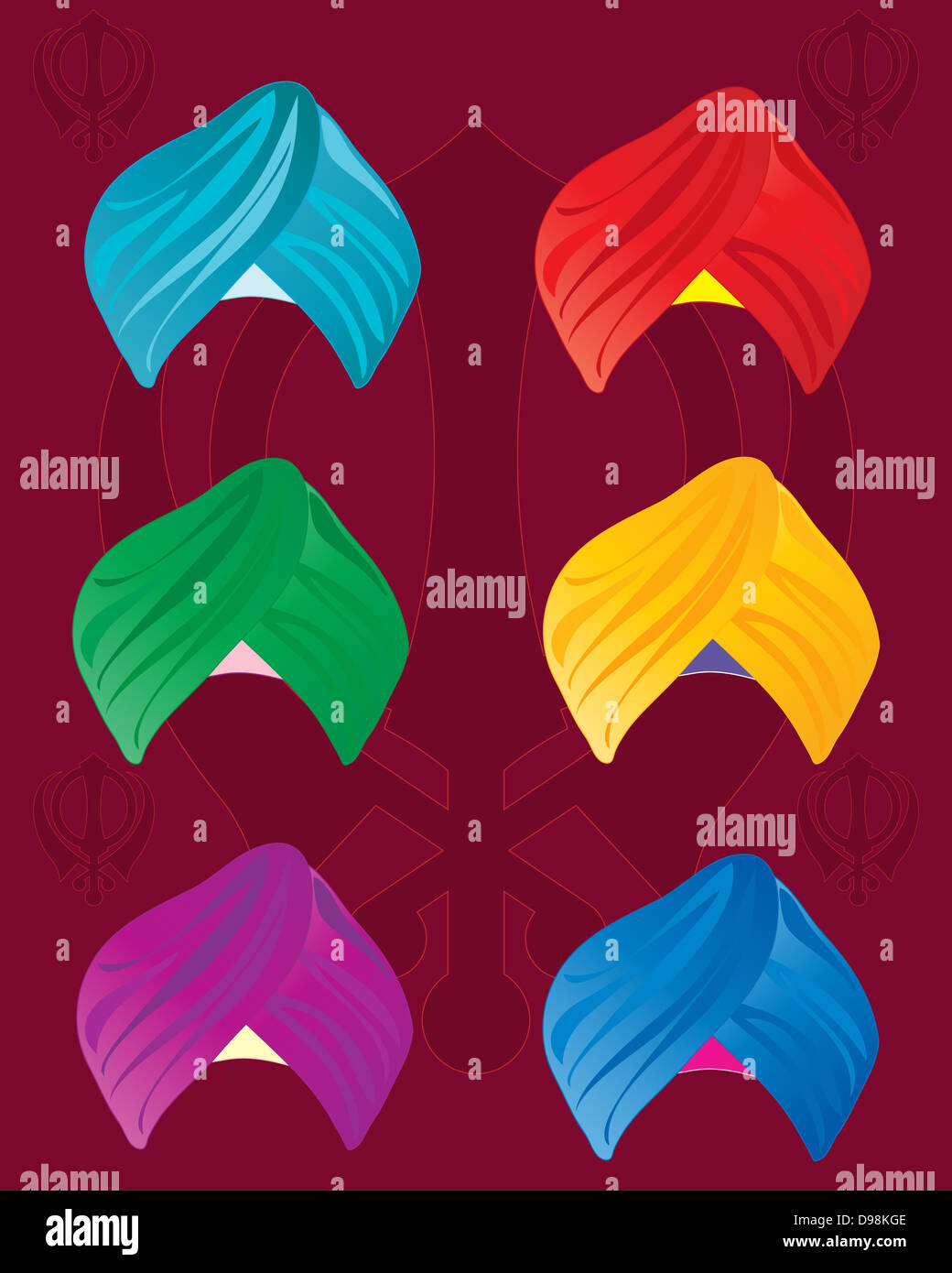 an illustration of colorful Sikh turbans on a red background with Sikh ...