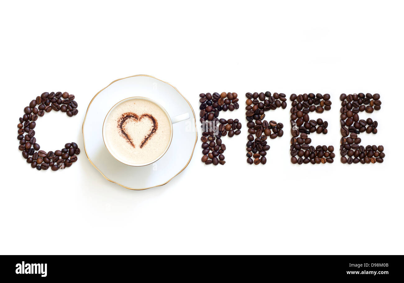 Cup of coffee with letters beans on white background Stock Photo - Alamy