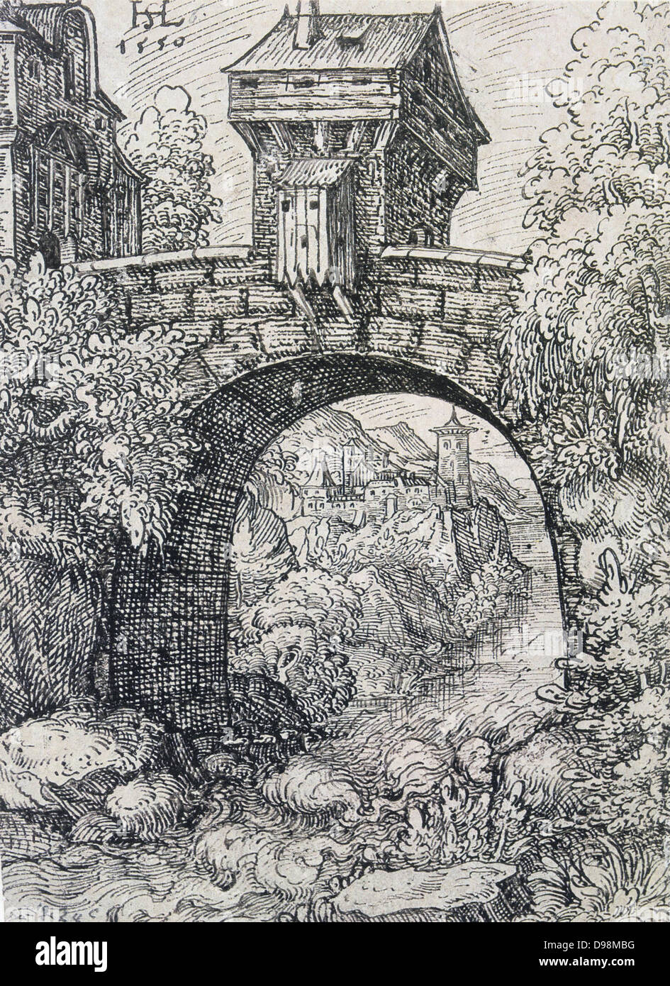 River landscape with Bridge', 1550. Pen-and-ink on paper. Hanns ...