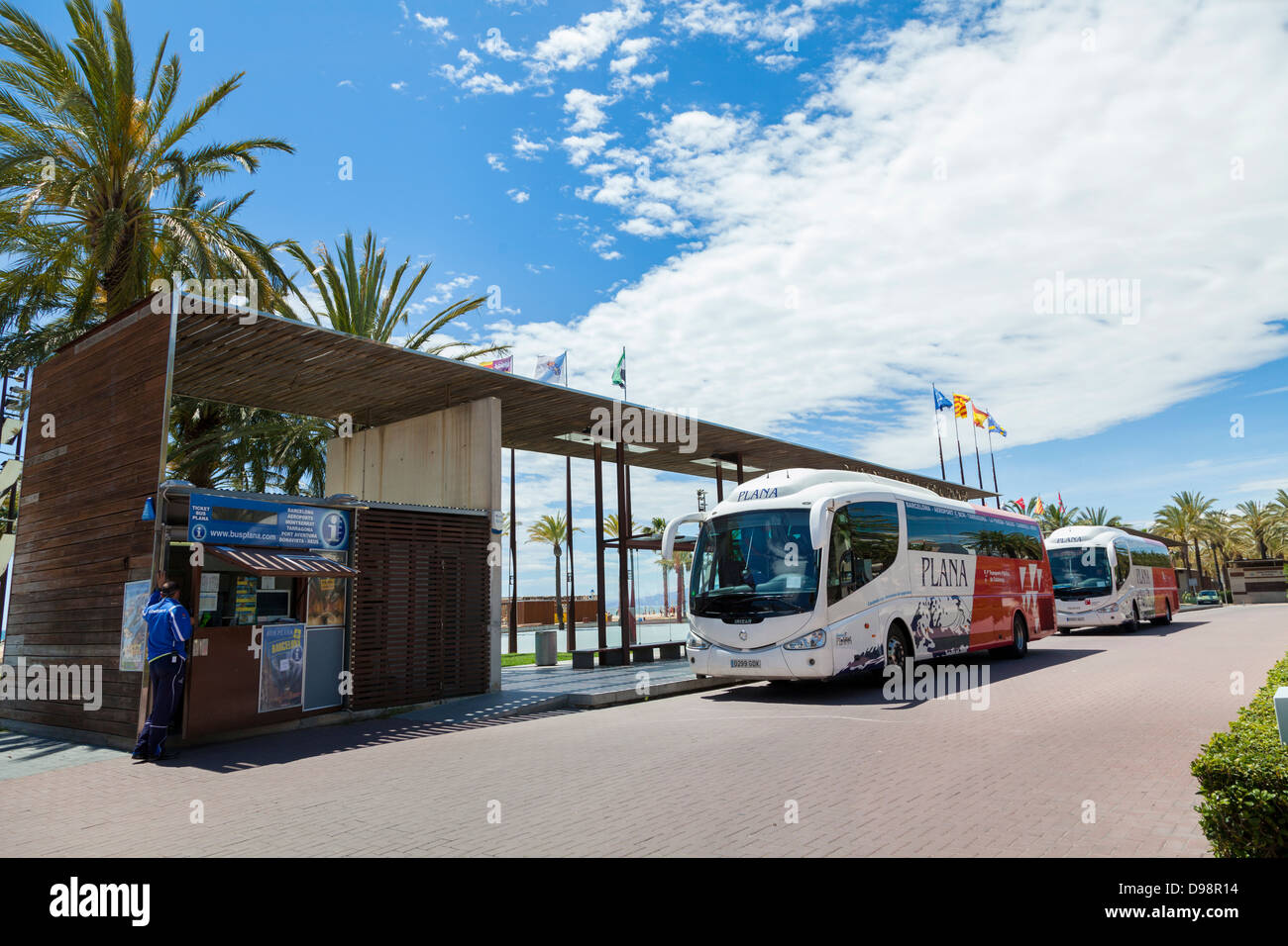 Plana buses at beach front bus station at Salou Stock Photo - Alamy