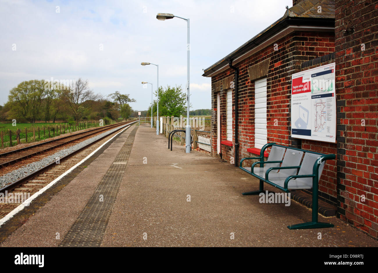 A view of rails platform and seating at Buckenham Station, Norfolk ...
