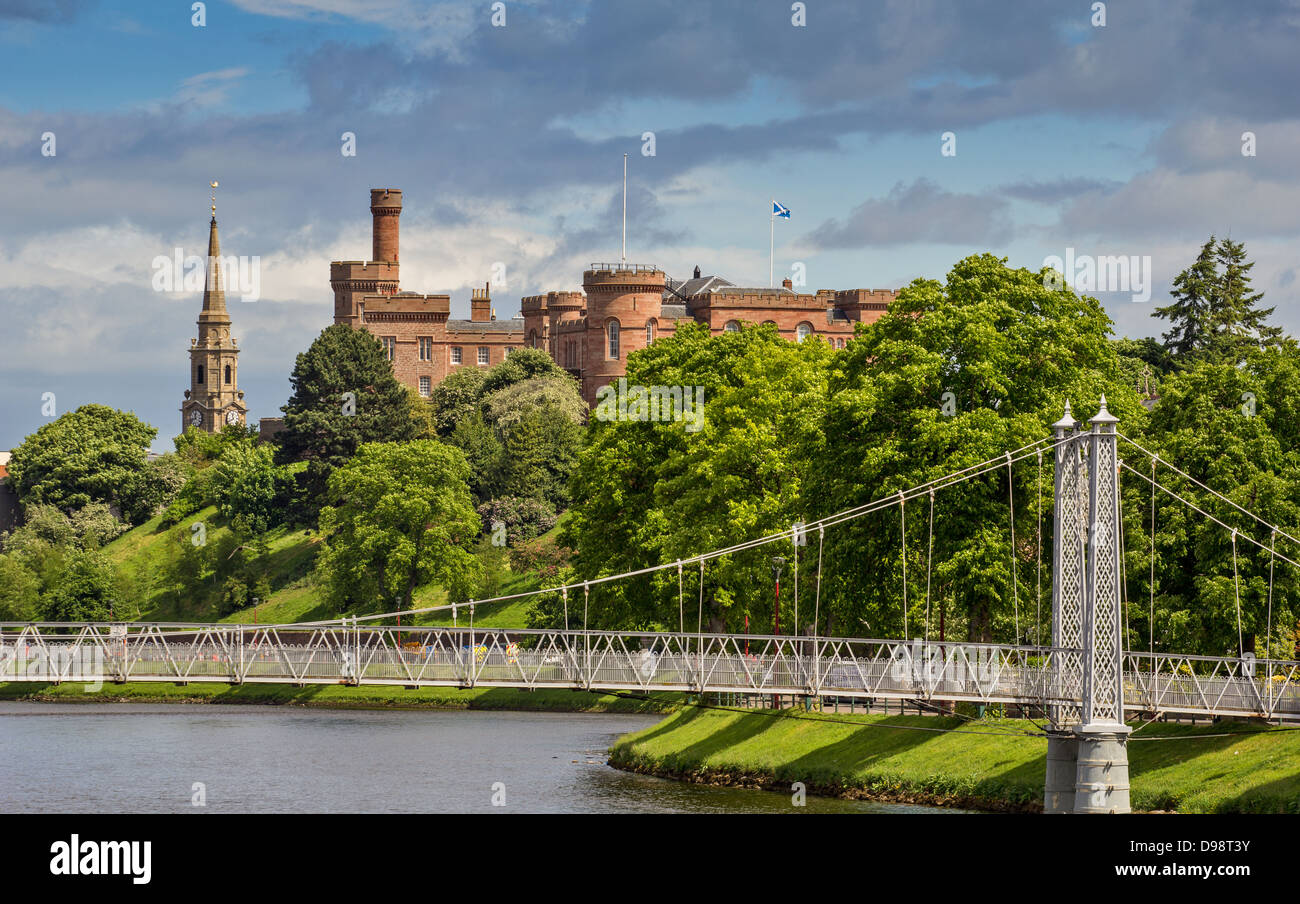 INVERNESS CASTLE CHURCH STEEPLE AND SUSPENSION BRIDGE OVER THE RIVER ...