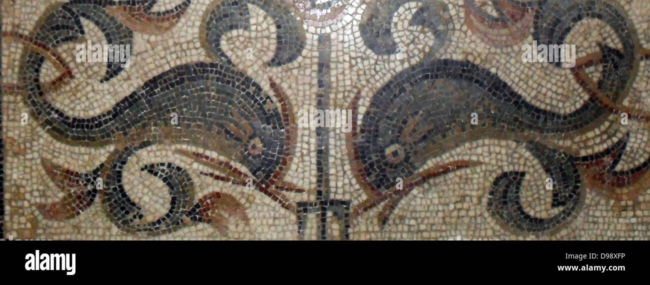 Dolphins with leaf-like fins on either side of a trident. Roman Mosaic ...
