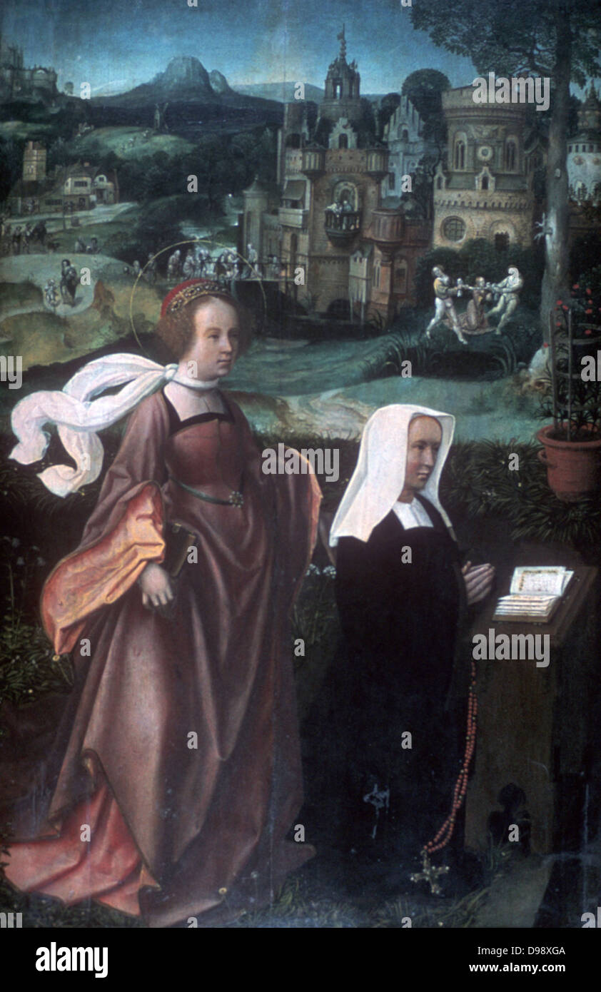 Wife of Donor of St Nicholas with St Godelina', oil on wood. Door of a ...