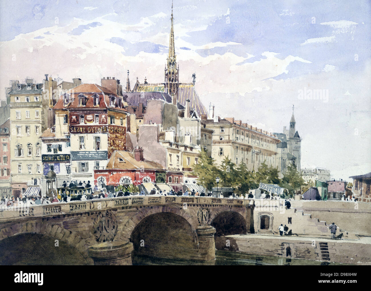 Paris by the Pont Saint-Michel', Watercolour. Charles Claude Pyne (1802 ...