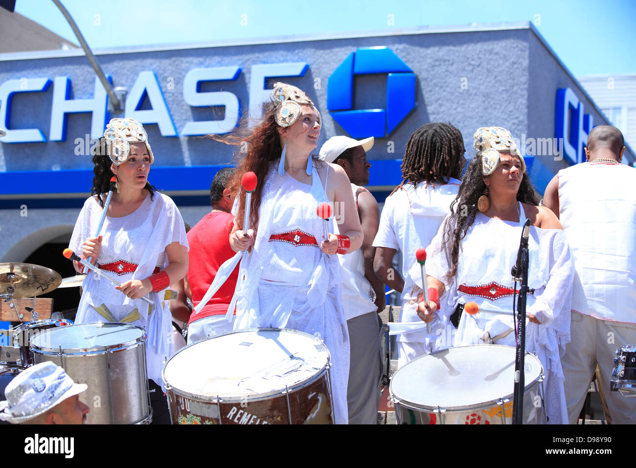 Drummers on a float during carnaval parade in Mission District, San Francisco, California, USA ...
