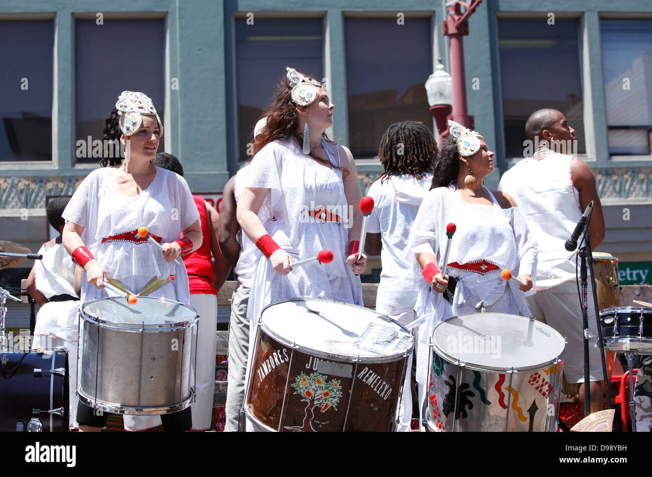 Drummers on a float during carnaval parade in Mission District, San ...