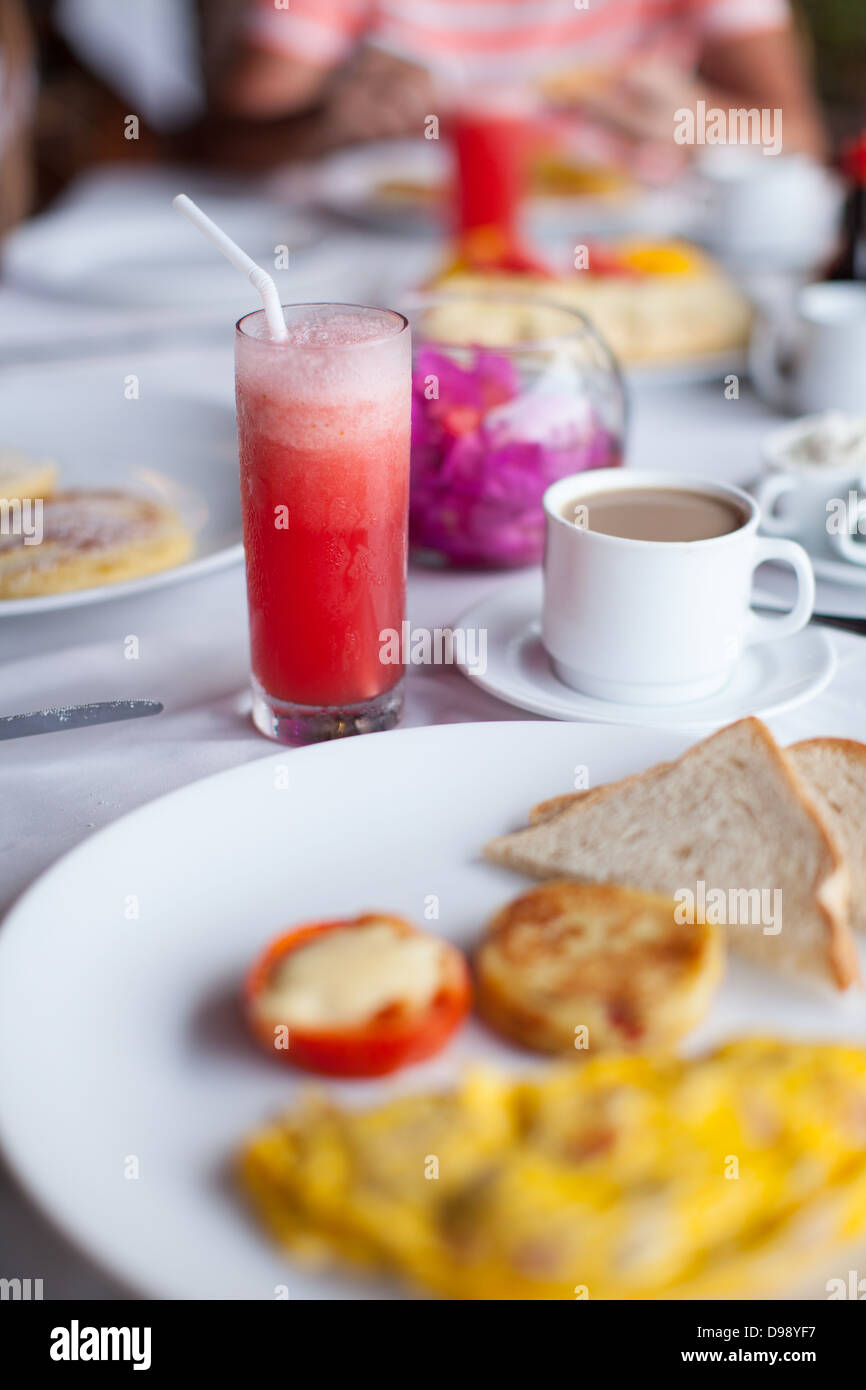 Healthy breakfast on the table close up in restaraunt resort Stock ...