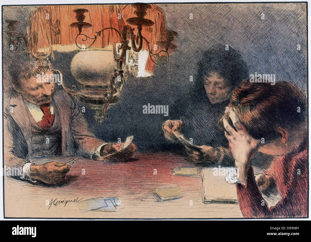 Reading at a table by the light of a hanging oil lamp, 1899. Domestic ...