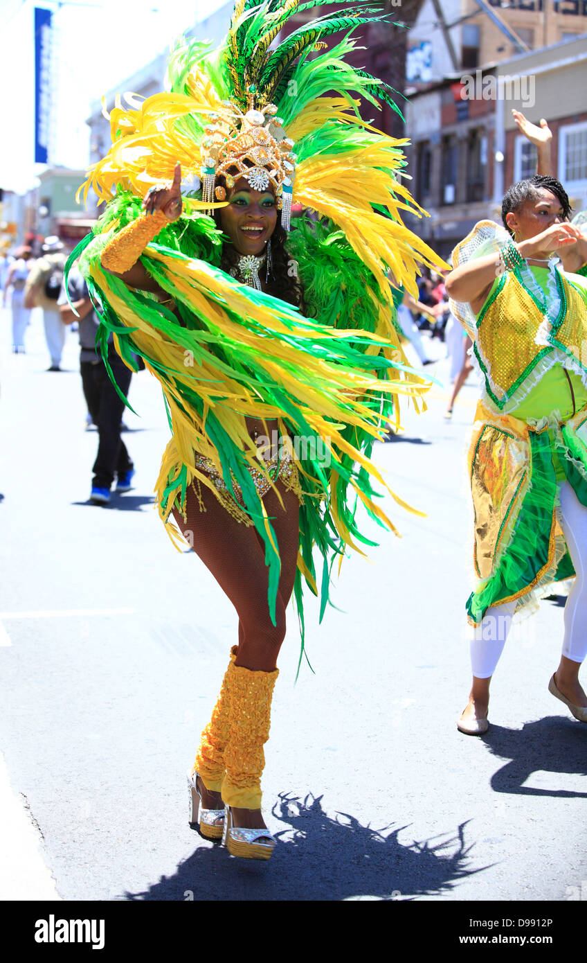 A samba dancer from Brazil at Carnaval parade in Mission District, San ...