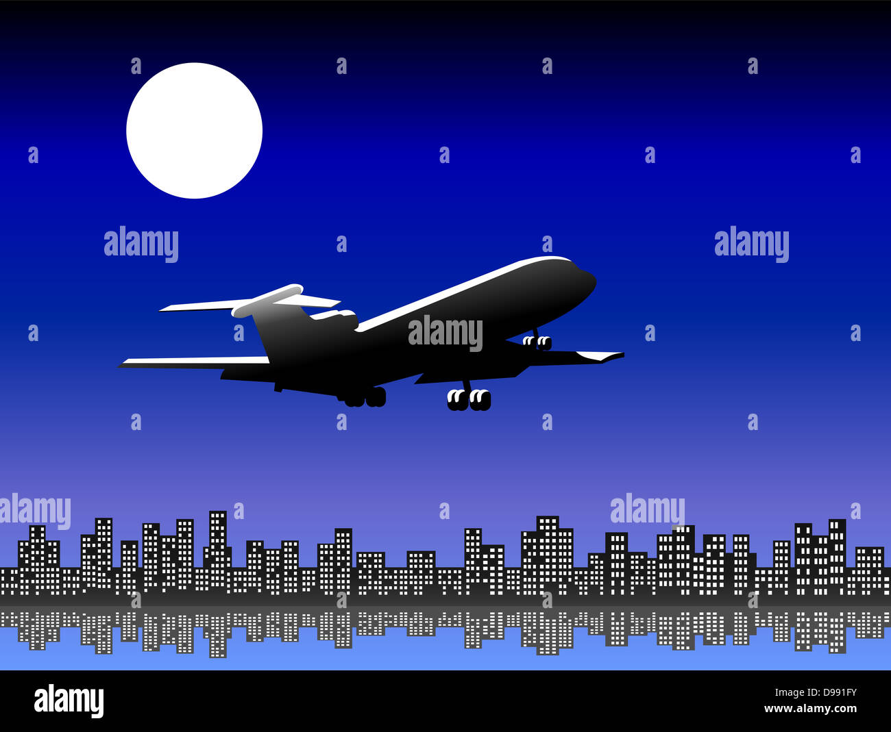 Airplane flying over the city at night, illuminated by the light of the ...