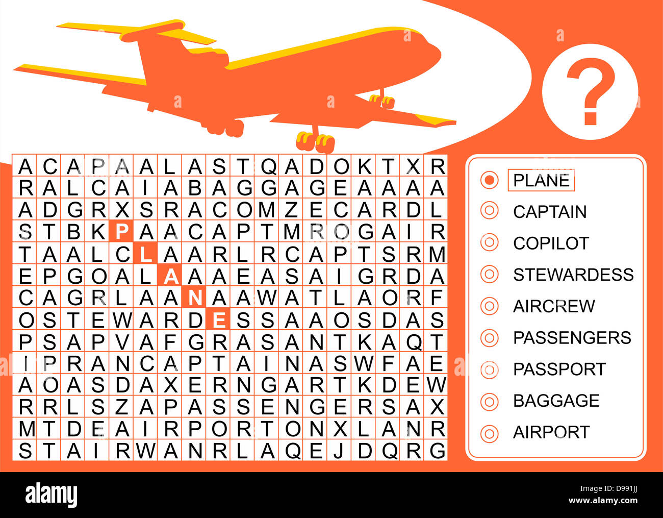 Word search game for children's: Find the nine words over the flight ...