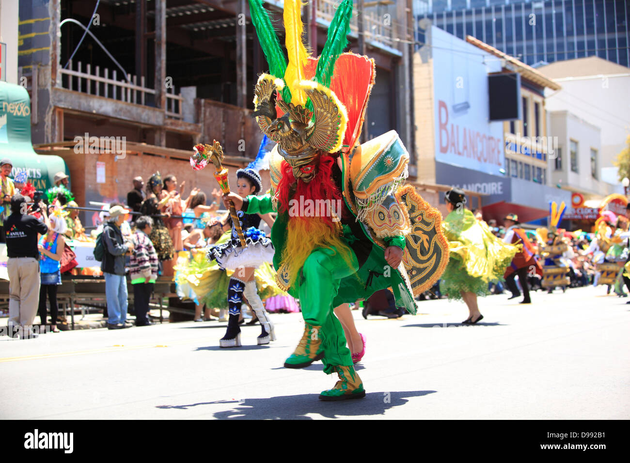 bolivian dancers in traditional costume during Carnaval parade in Mission District, San ...