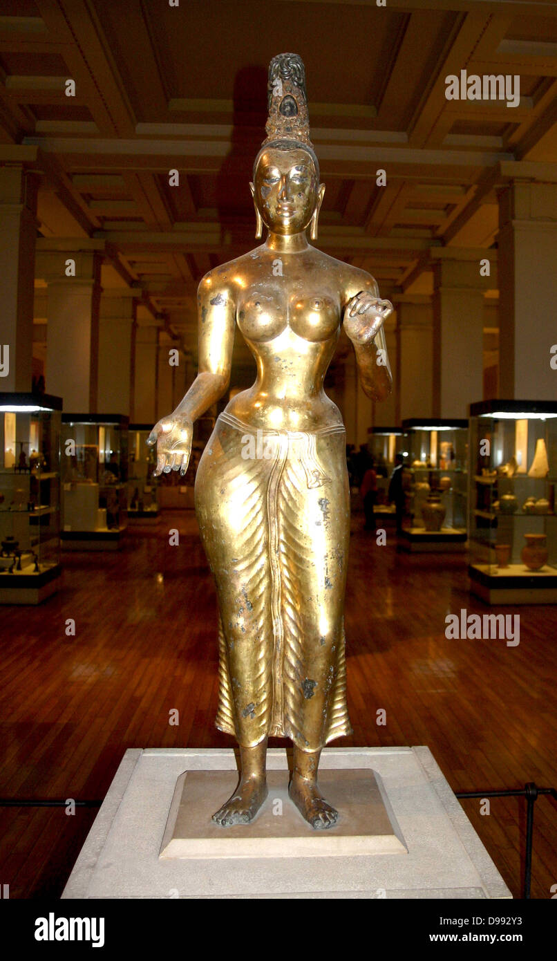 Cast bronze gilded figure of Tara from Sri Lanka, 8th century AD. The ...