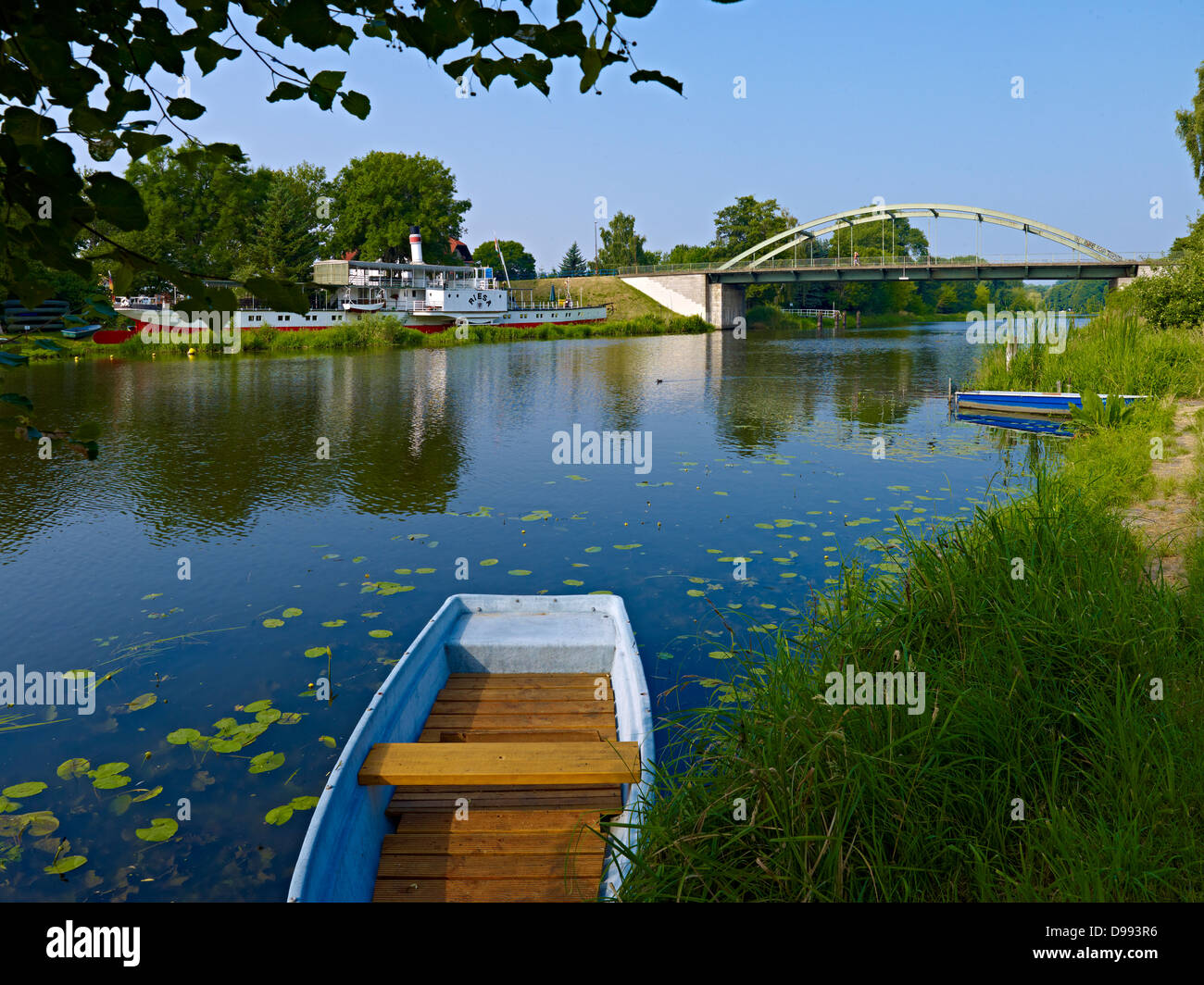 Alte Oder River with bridge and steamboat Riesa, Oderberg, Brandenburg ...
