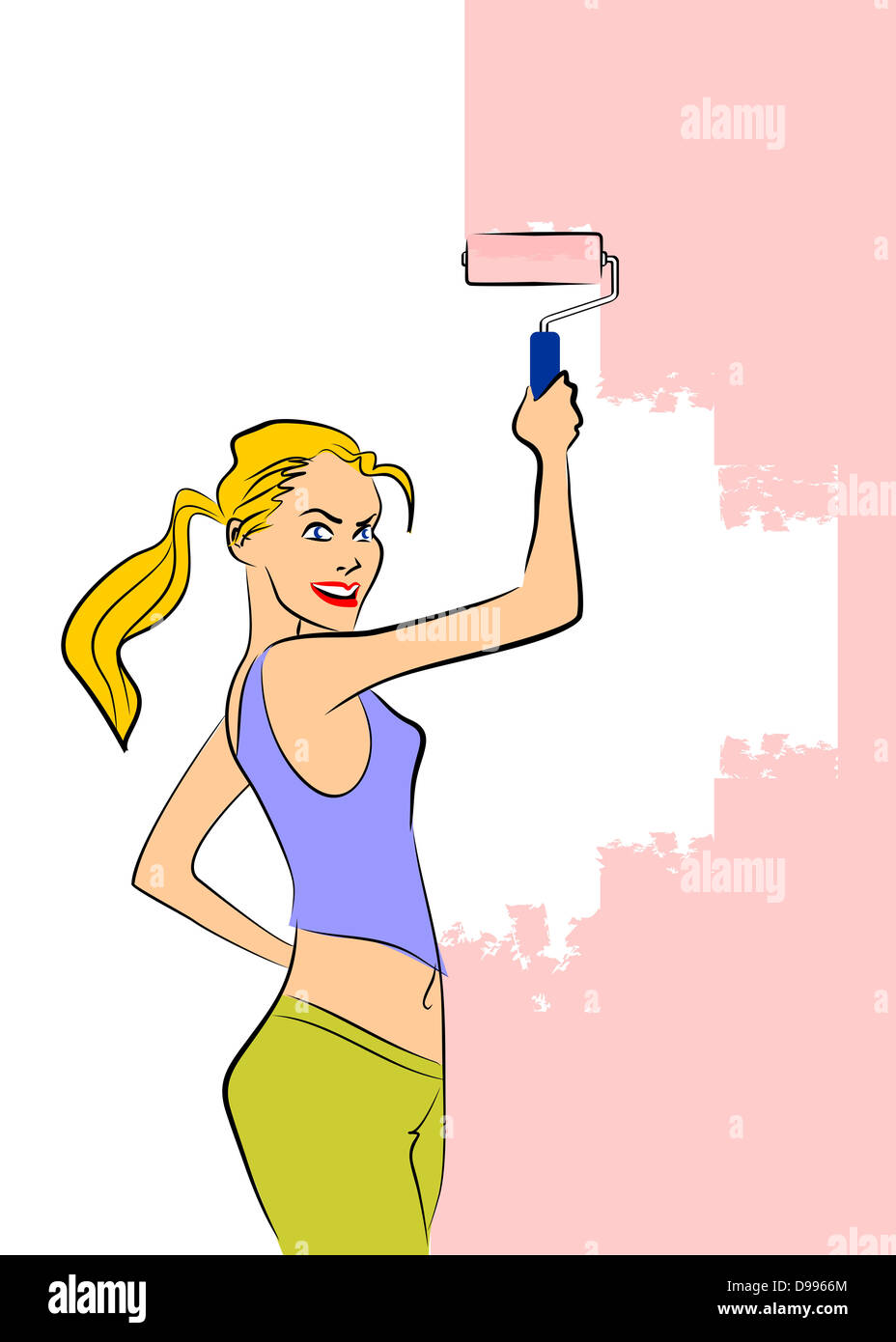 Full length illustration of a young woman painting the wall Stock Photo ...