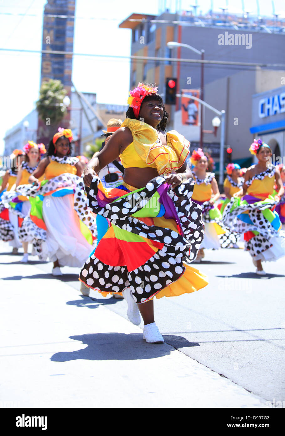 Colorful and spirited dancers during carnaval parade in Mission ...