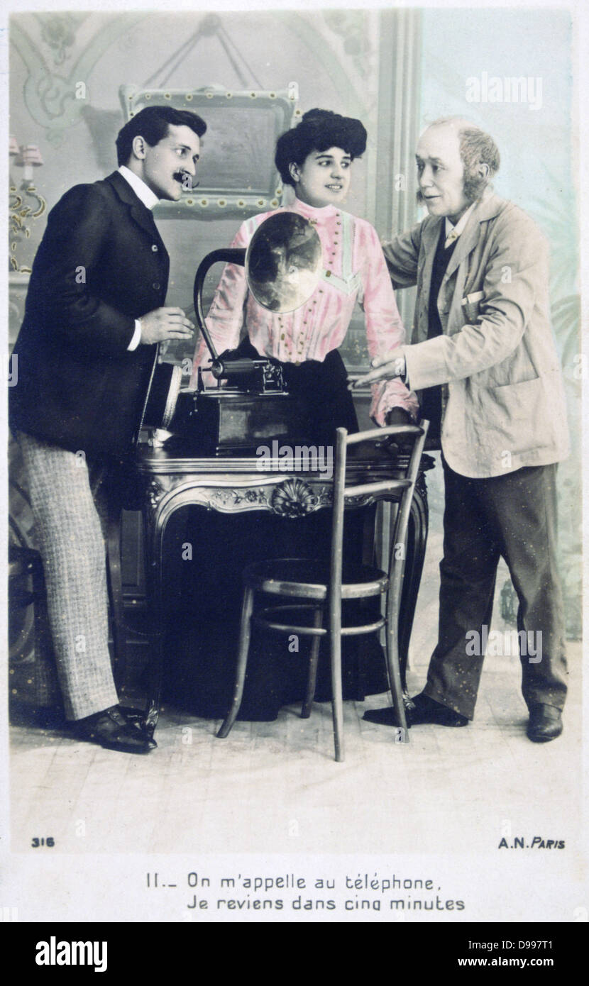 Illustration of a phonograph: Postcard c1900. Physics, Sound, Recording ...