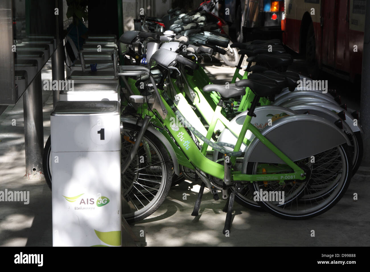 Bicycles parking in a bicycle rental zone on Rama 1 road , Bangkok ...