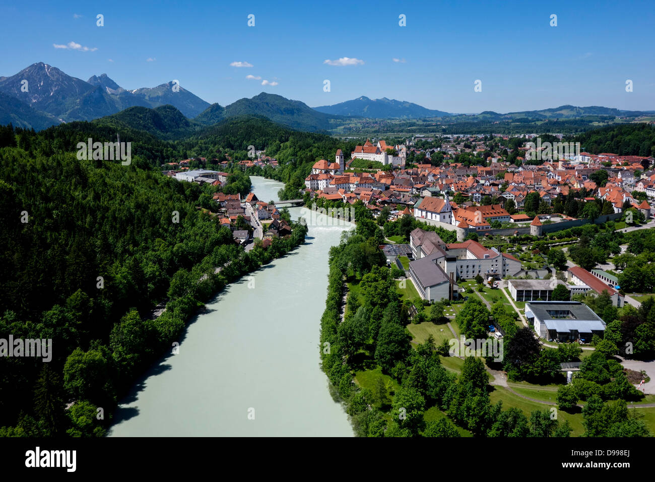 Fuessen at the Lech, city view, Castle, baroque church St Mang, Allgaeu ...