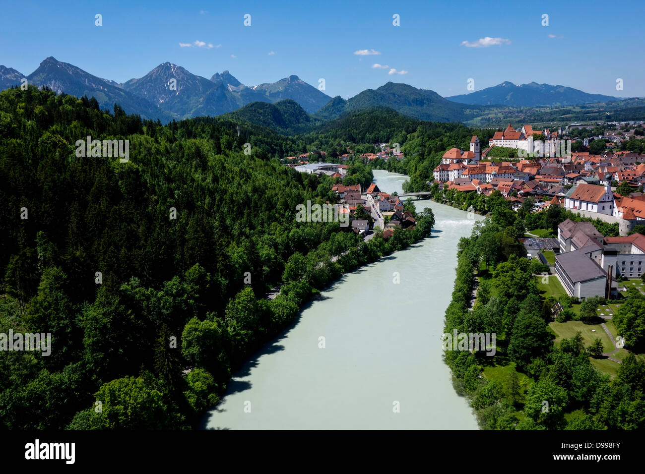 Fuessen at the Lech, city view, Castle, baroque church St Mang, Allgaeu ...