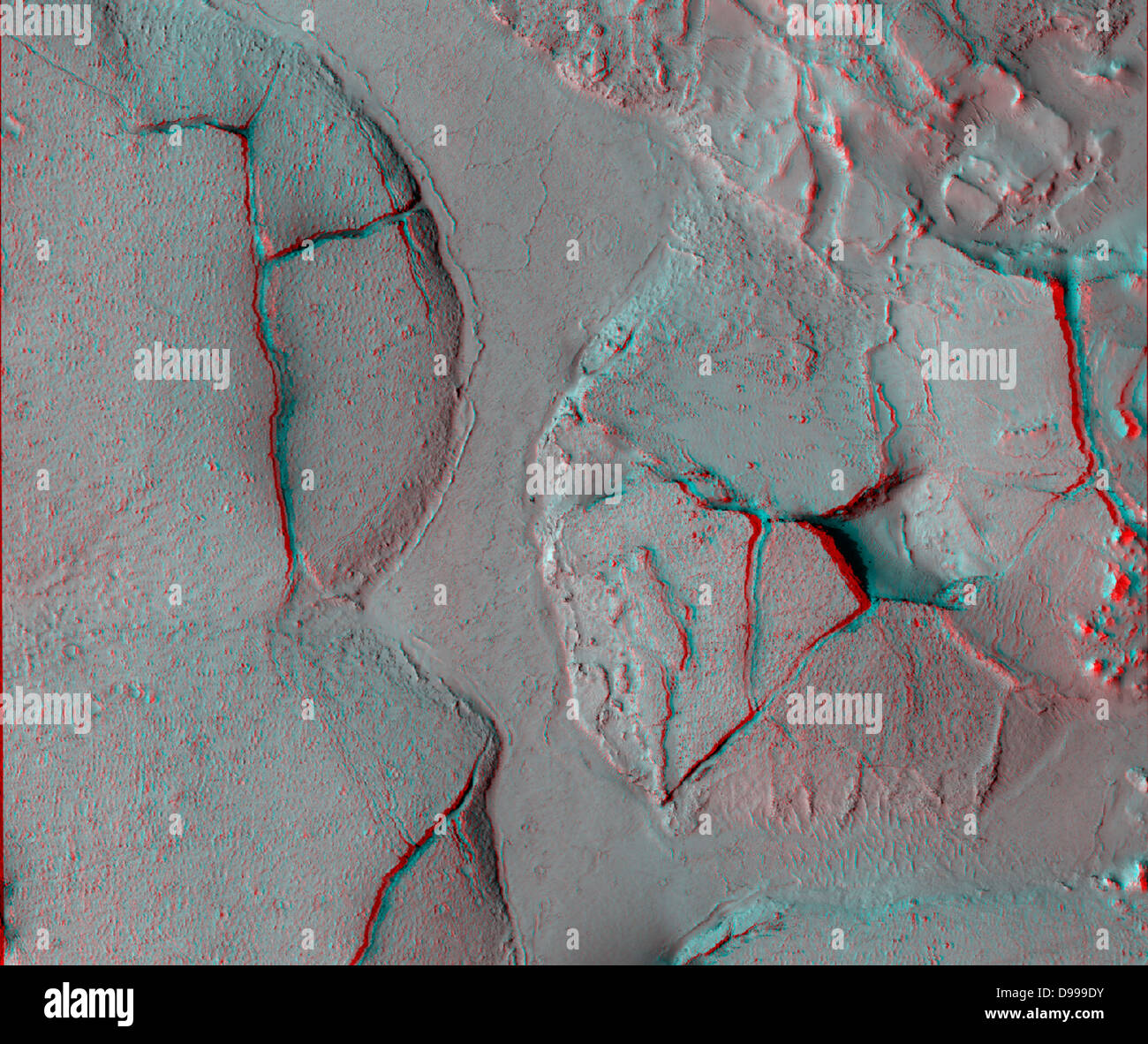 This stereo view shows fractured mounds on the southern edge of Elysium ...