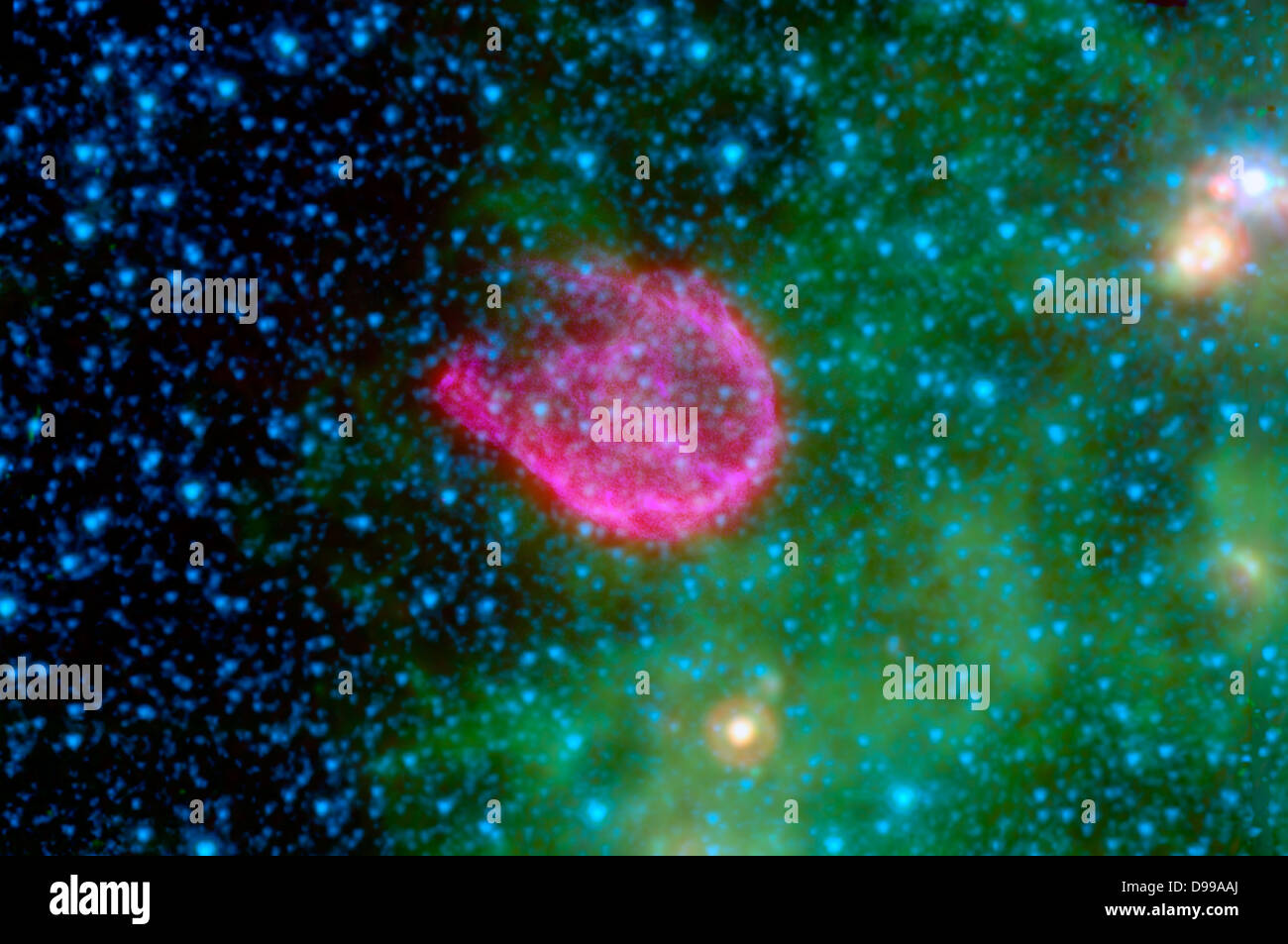 The remnant, called N132D, is the wispy pink shell of gas at the center ...