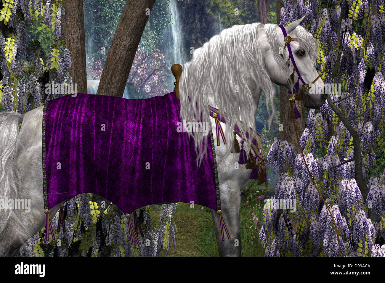 Portrait of a white Arabian stallion in fancy saddle and bridle with ...