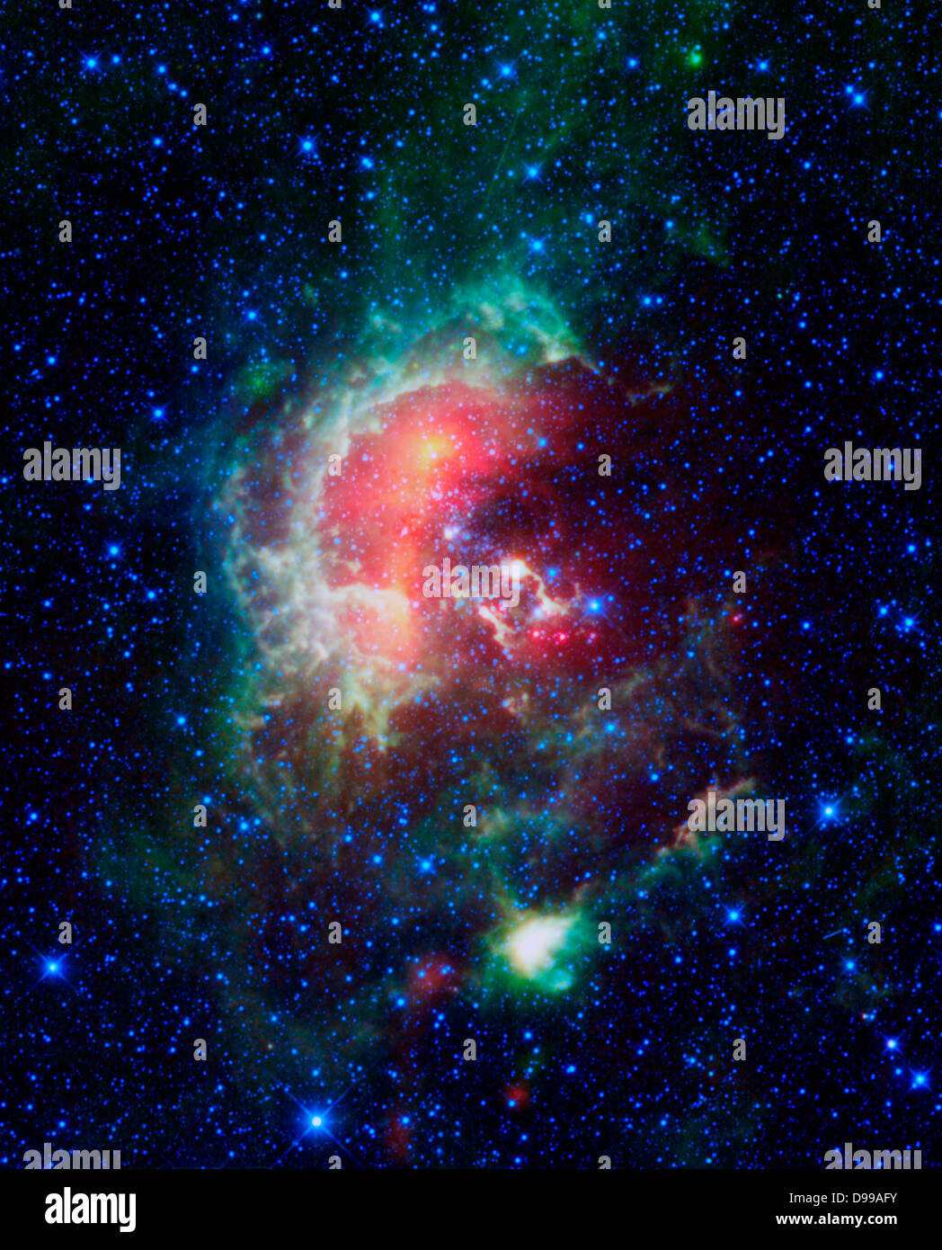 An infrared image from NASA's WISE, showcases the Tadpole nebula, a star-forming hub in the ...