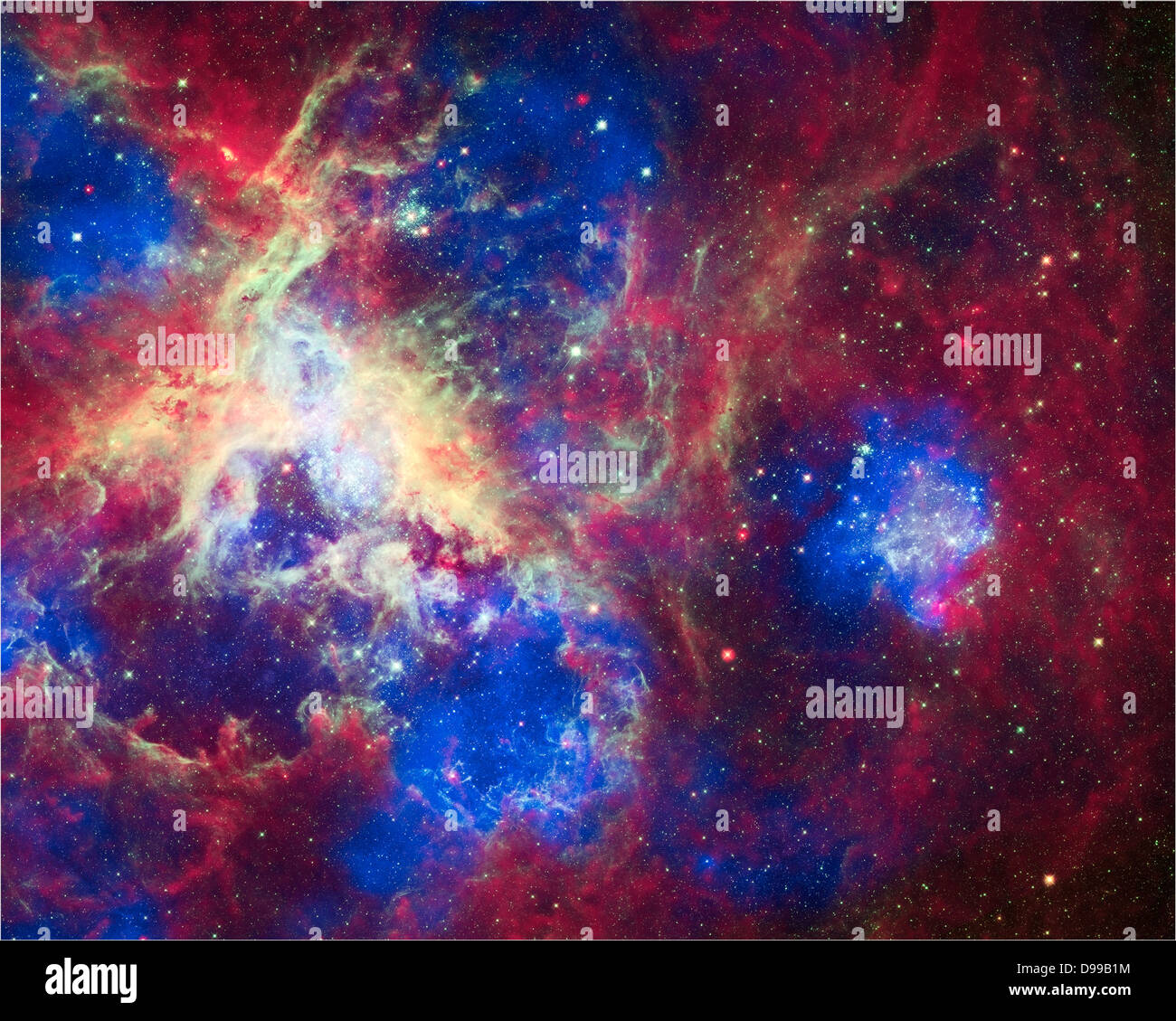 This composite of 30 Doradus, aka the Tarantula Nebula, contains data from Chandra, Hubble, and ...