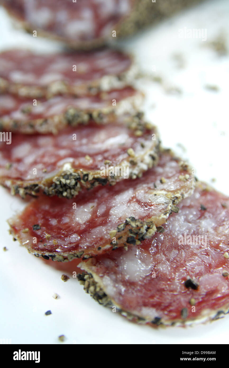 Sliced pepper salami Stock Photo - Alamy