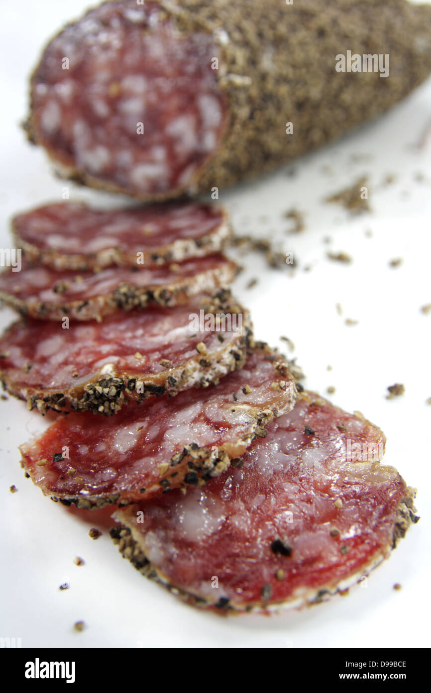 Sliced pepper salami Stock Photo - Alamy
