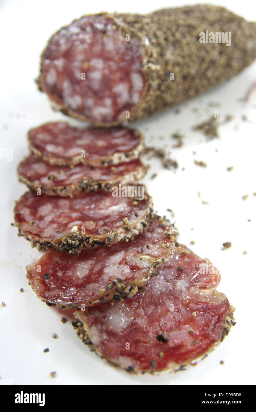 Sliced pepper salami Stock Photo - Alamy