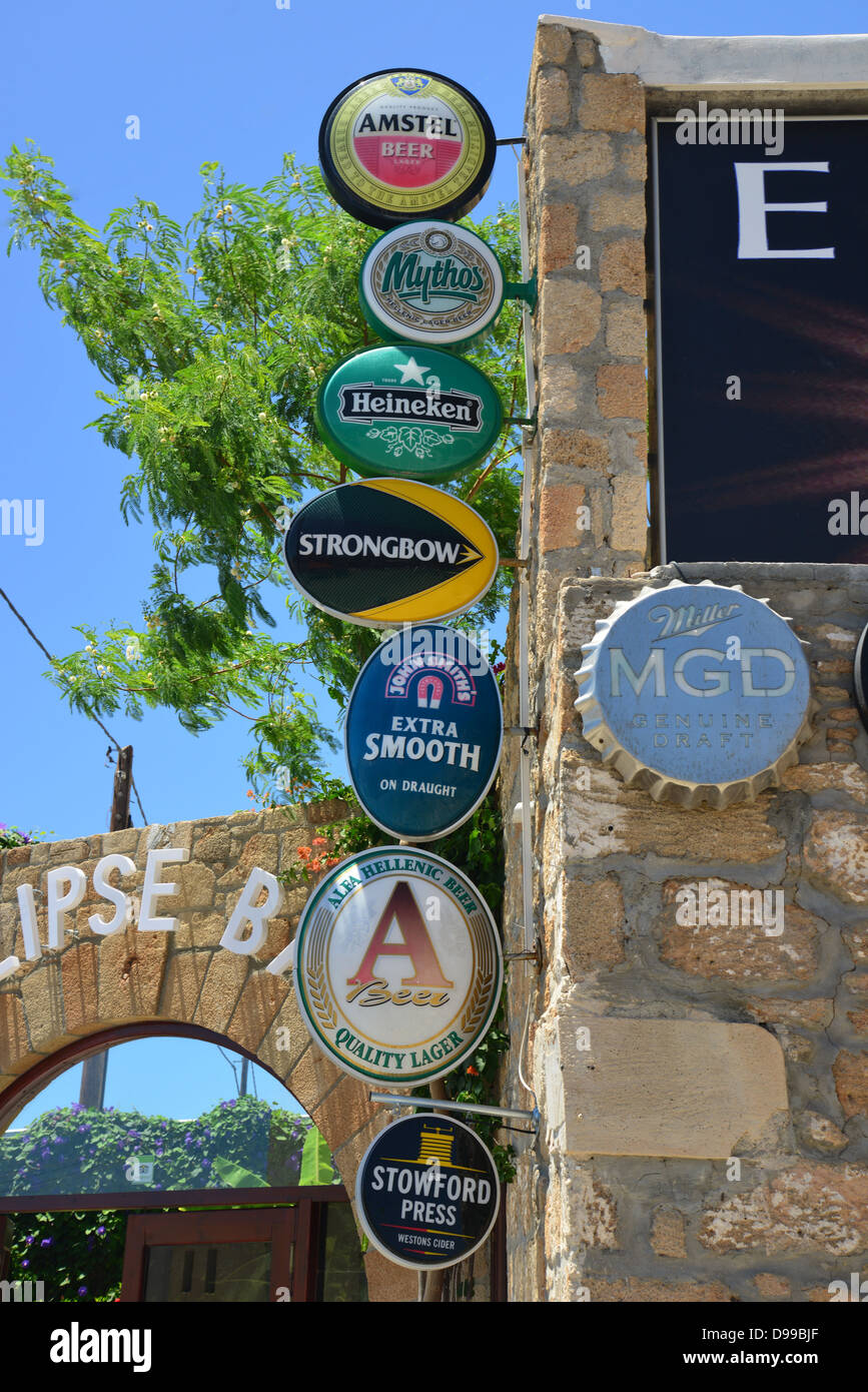 Neon beer signs outside 'Eclipse' cocktail bar, Pefkos, Rhodes (Rodos ...