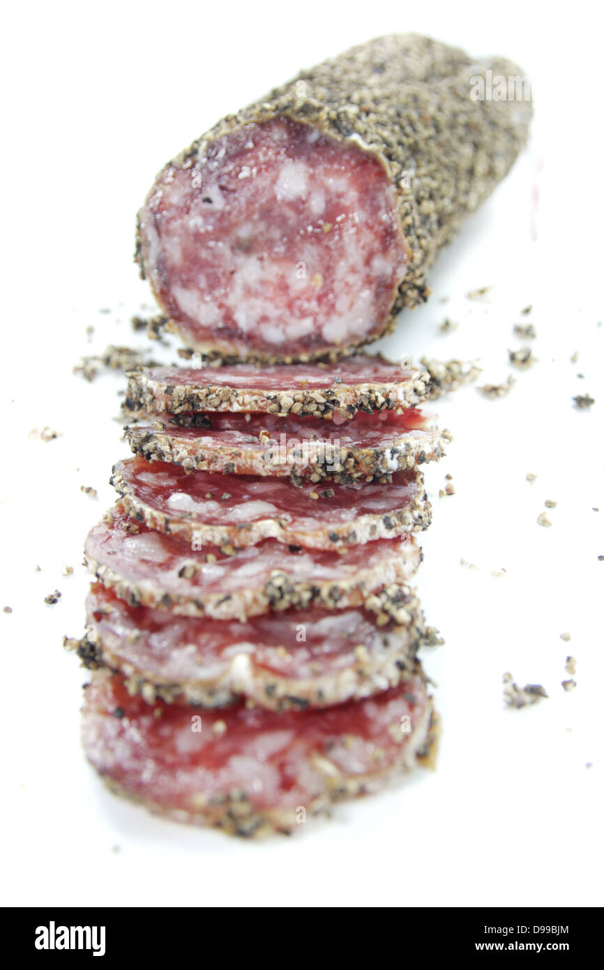 Sliced pepper salami Stock Photo - Alamy