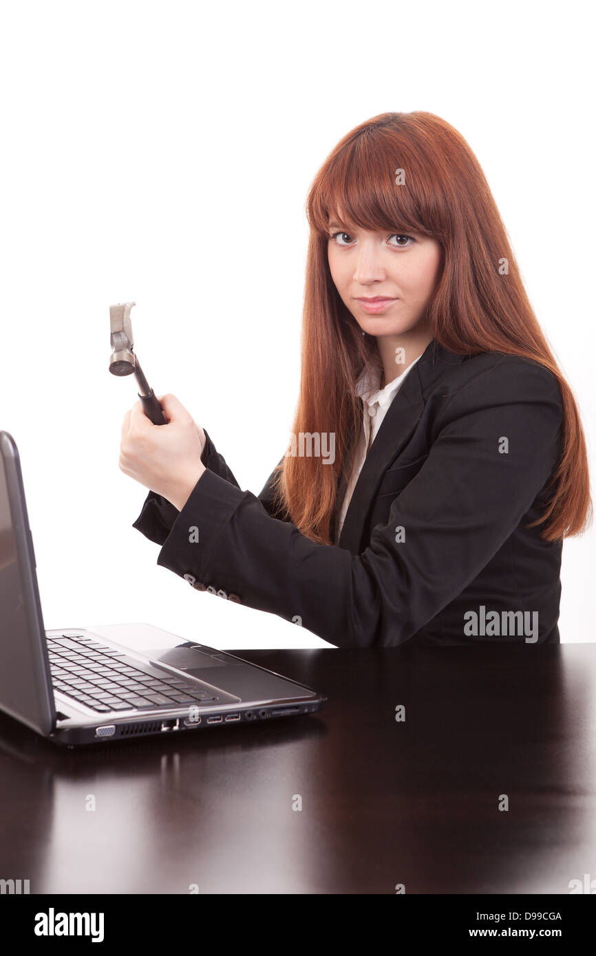 Fustrated businessman in her office threatening to destroy her PC with ...