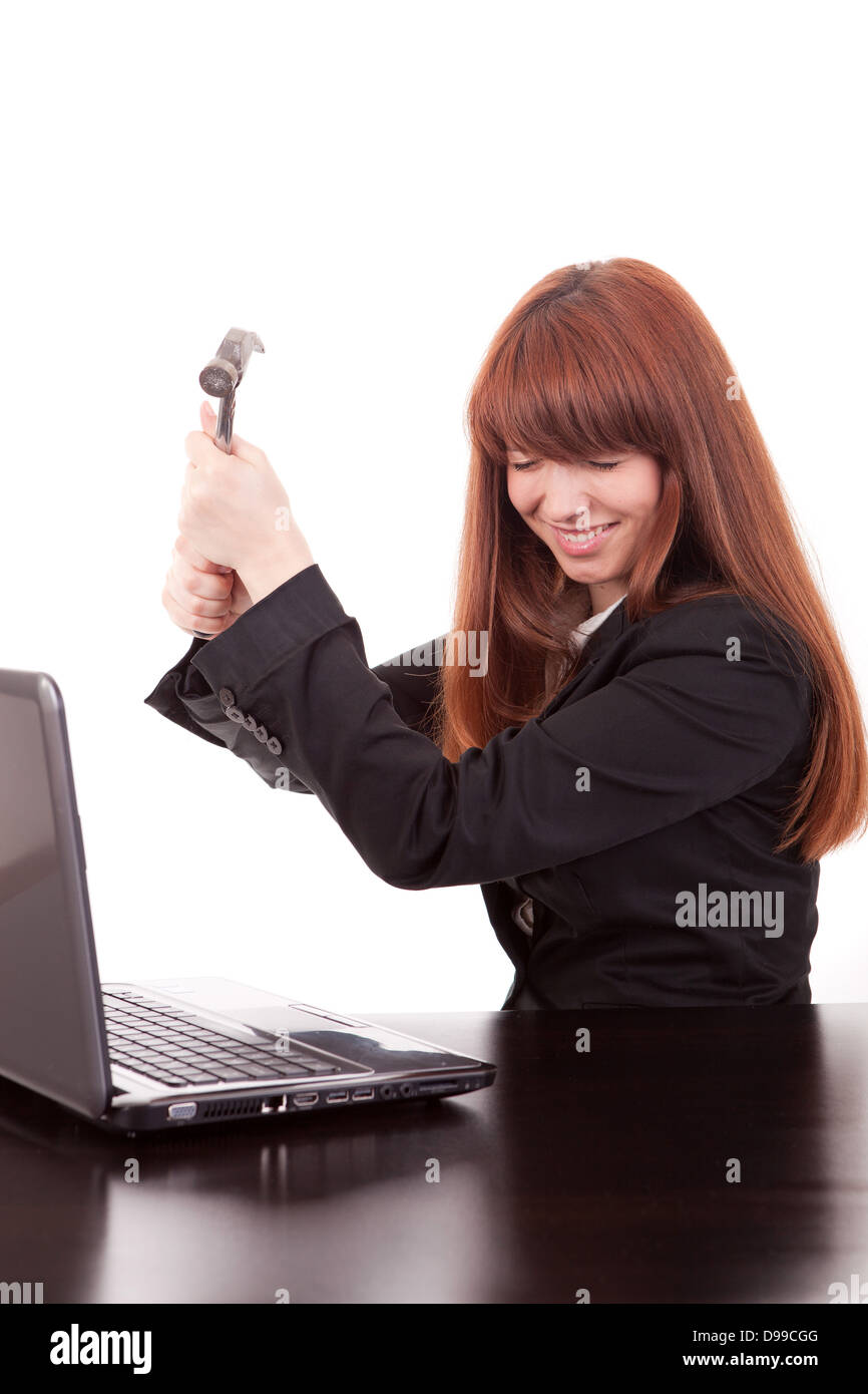 Fustrated businessman in her office threatening to destroy her PC with ...