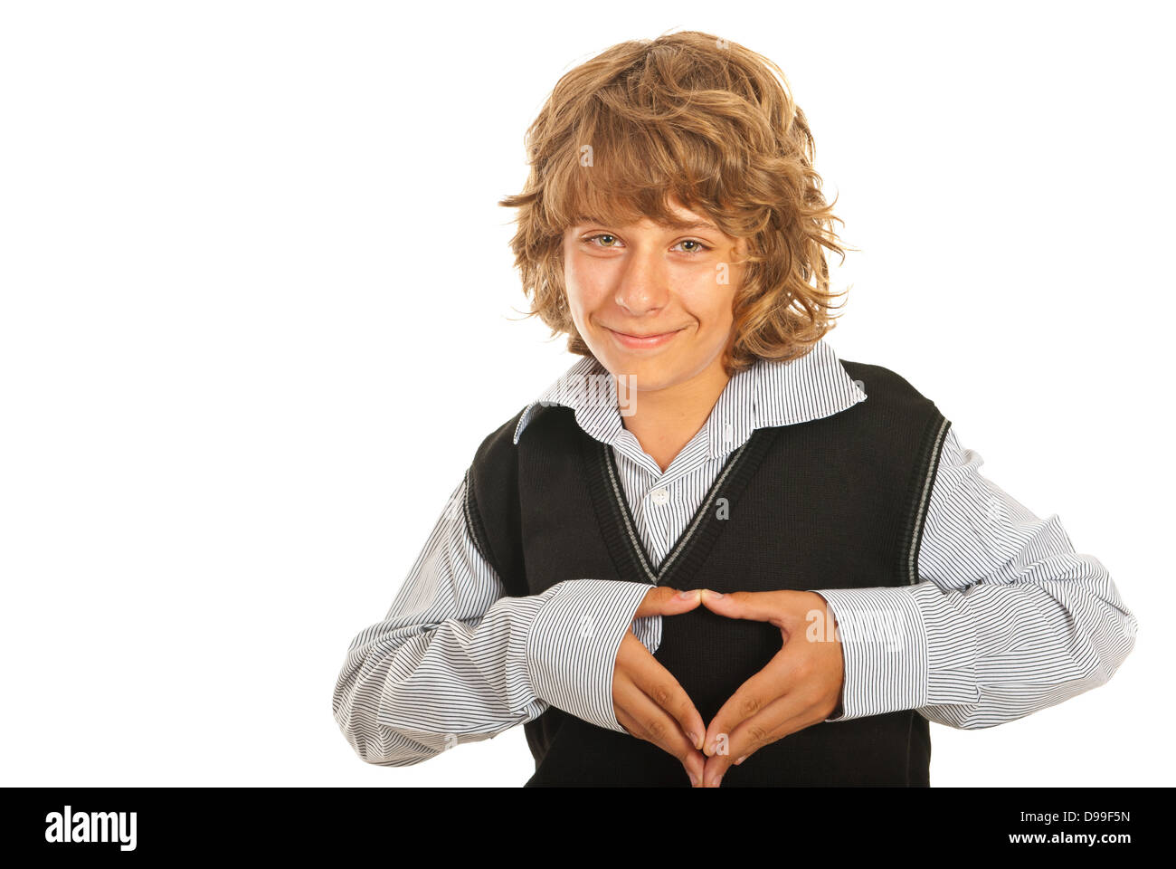 Happy teen boy shape heart with hands isolated on white background ...