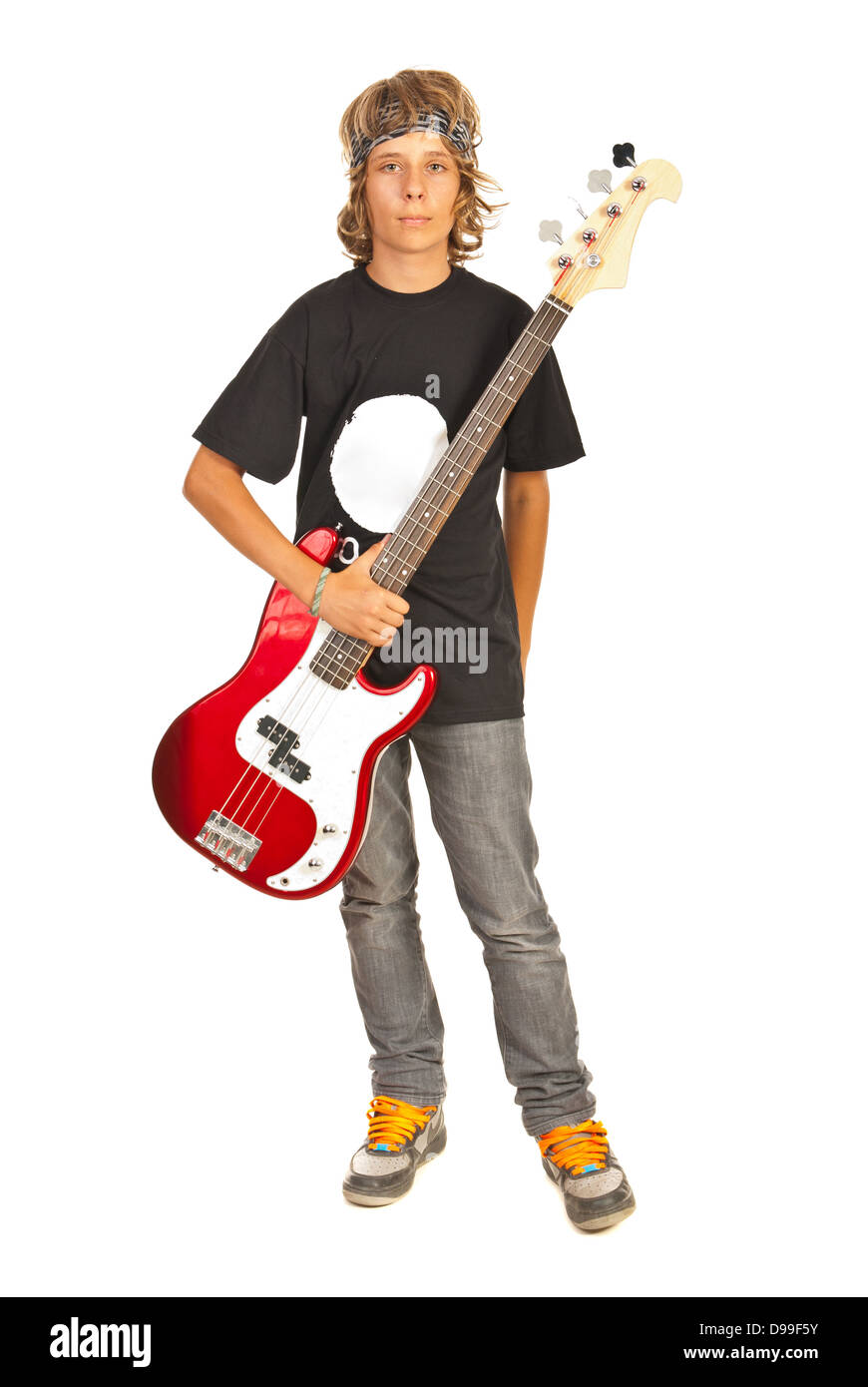 Rocker teen boy with bass guitar isolated on white background Stock ...