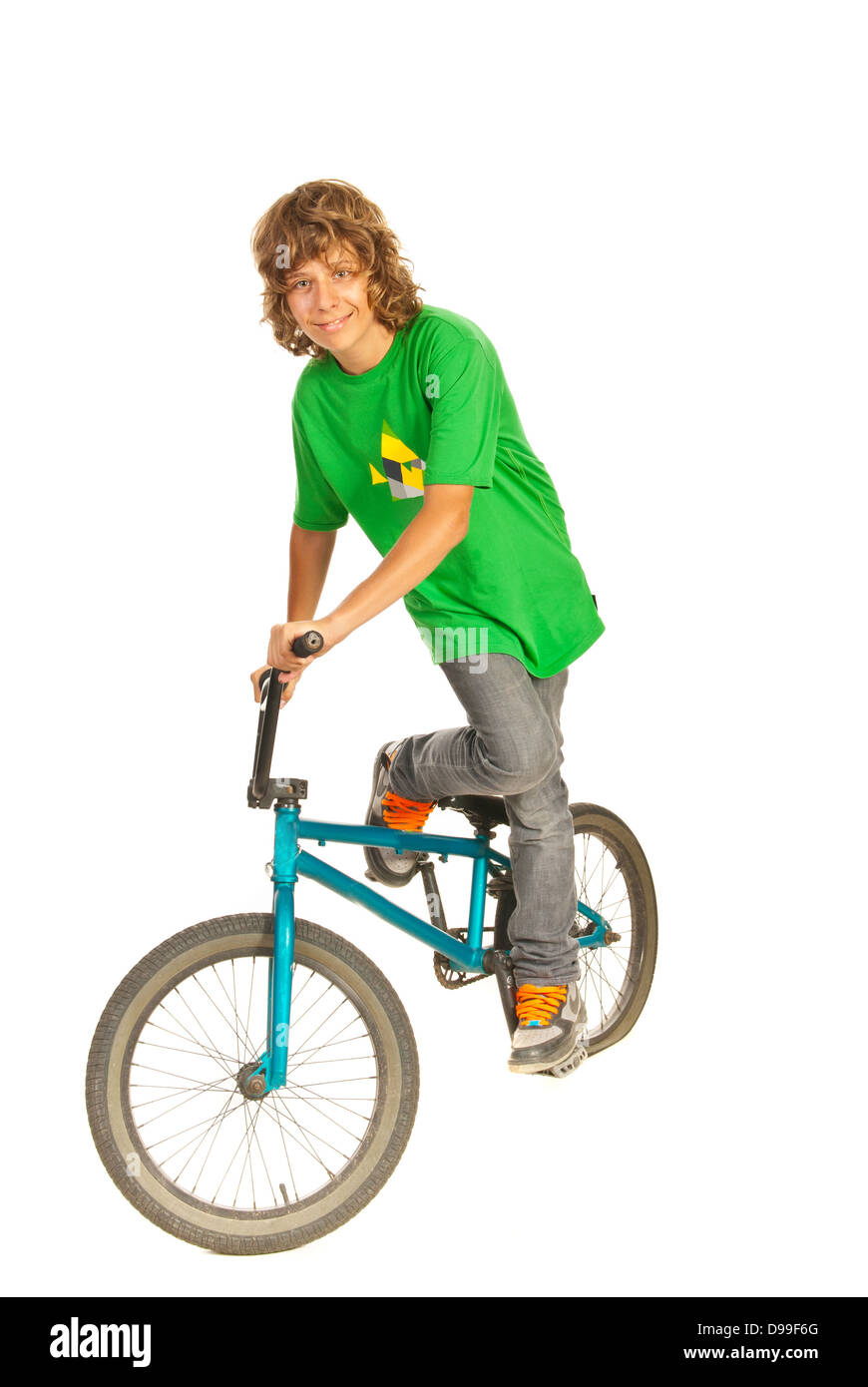 Freestyle boy on a bike isolated on white background Stock Photo - Alamy