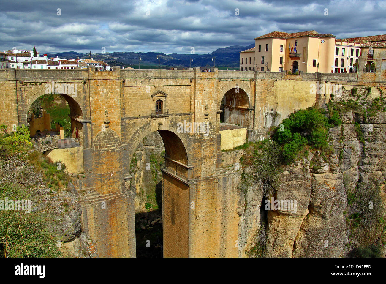 A scenic landscape of the old Roman bridge in Ronda, Andalucia, Spain ...