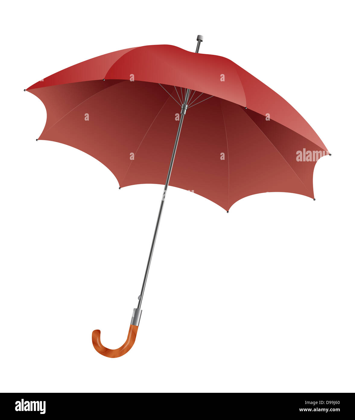 A red umbrella with wooden handle and metallic body Stock Photo - Alamy
