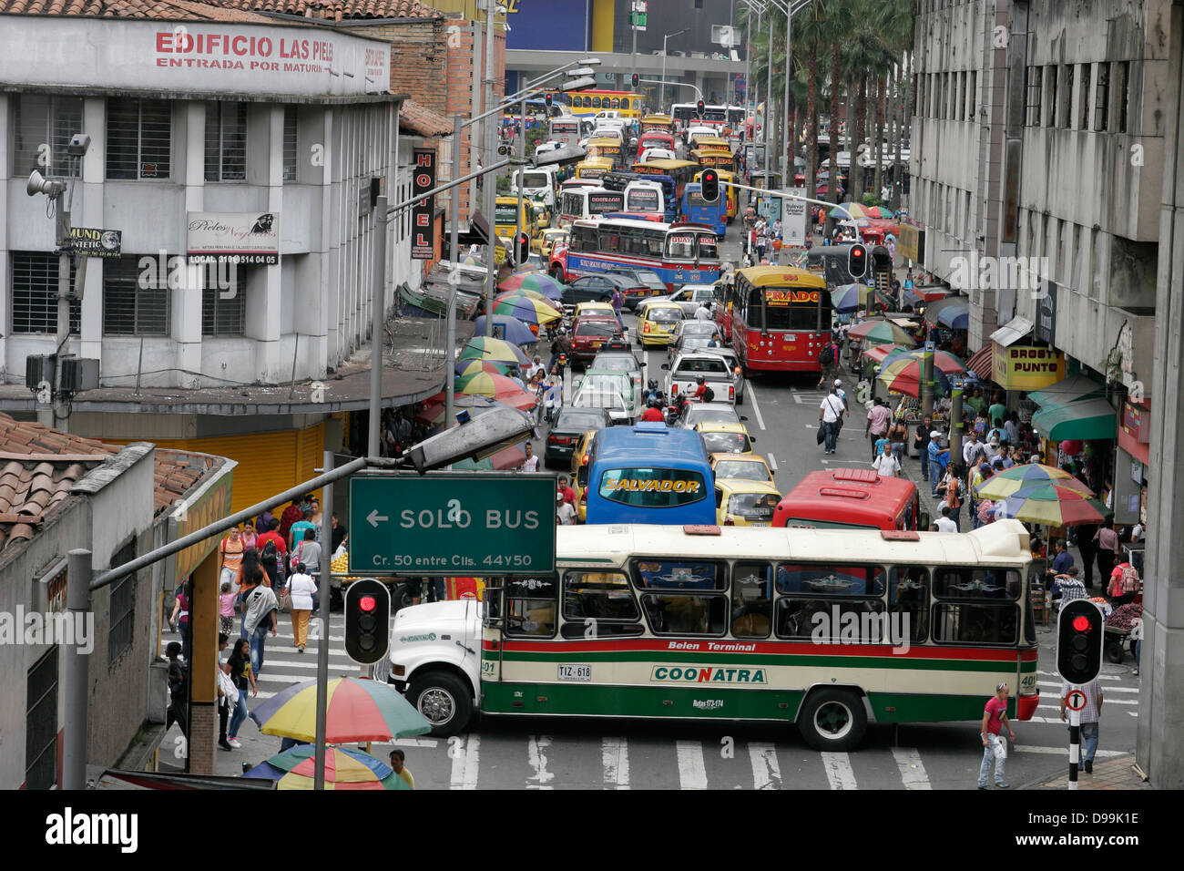 Traffic jam on the street in central Medellin, Colombia, South America ...